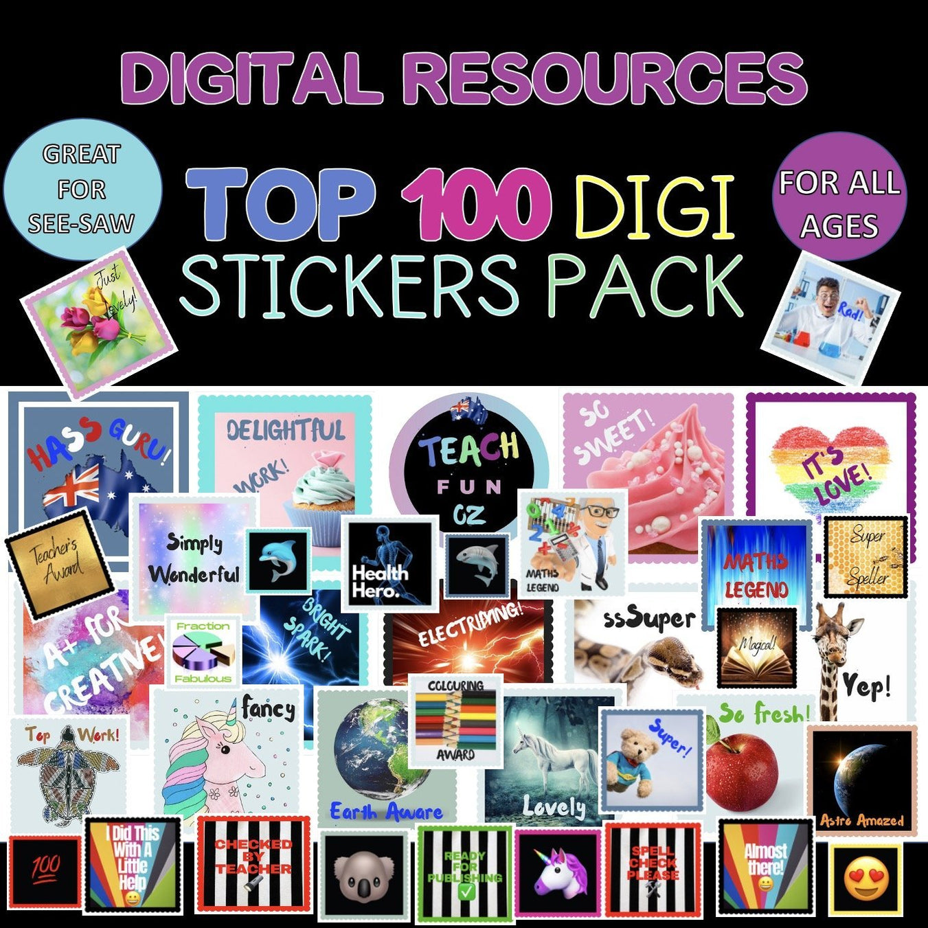 Digital Stickers Top 100 Pack for Seesaw Google and More — Teach Fun Oz