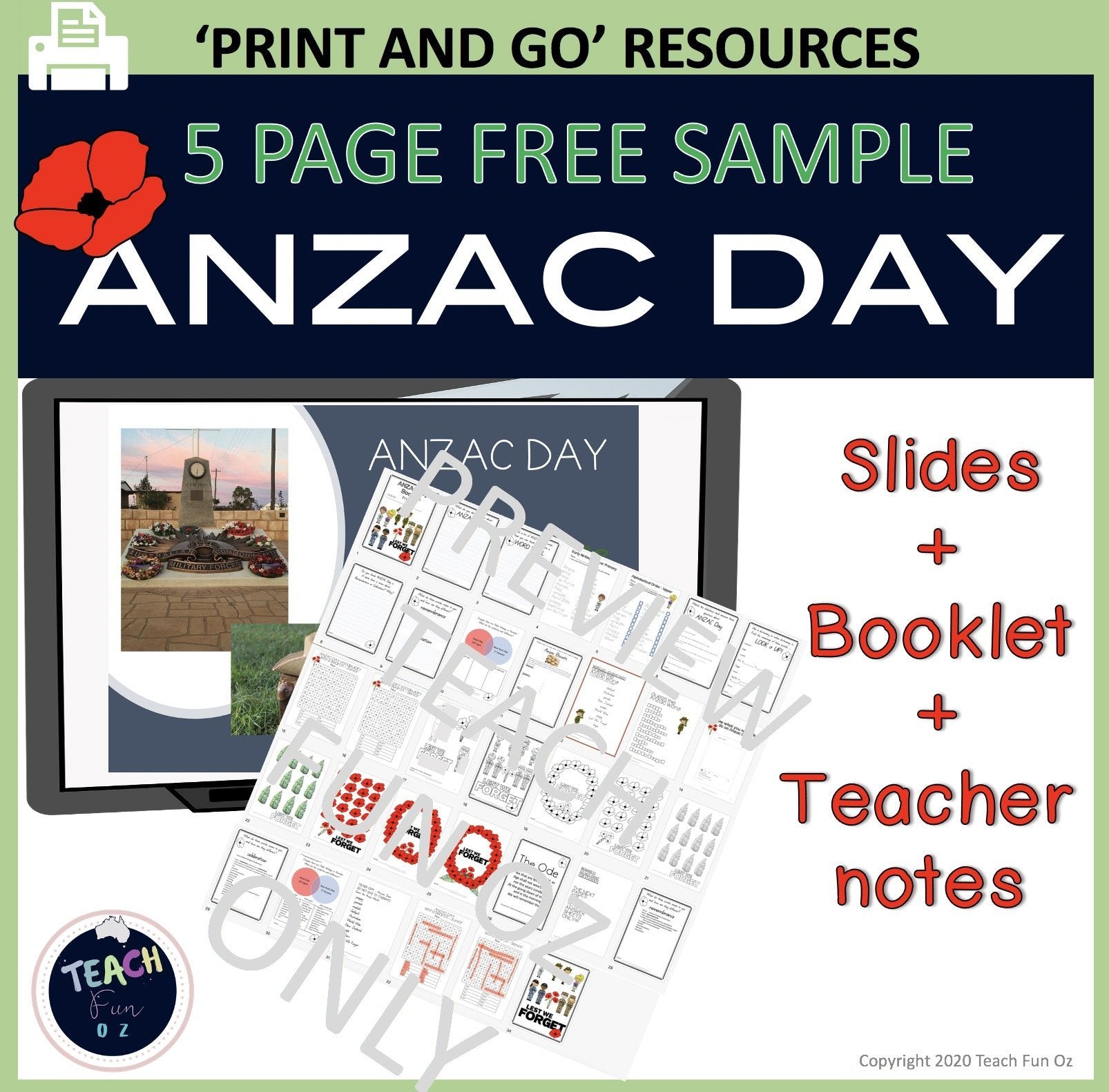 Free Sample of Anzac Day Activities Worksheets Packet Booklet Anzac Fa ...