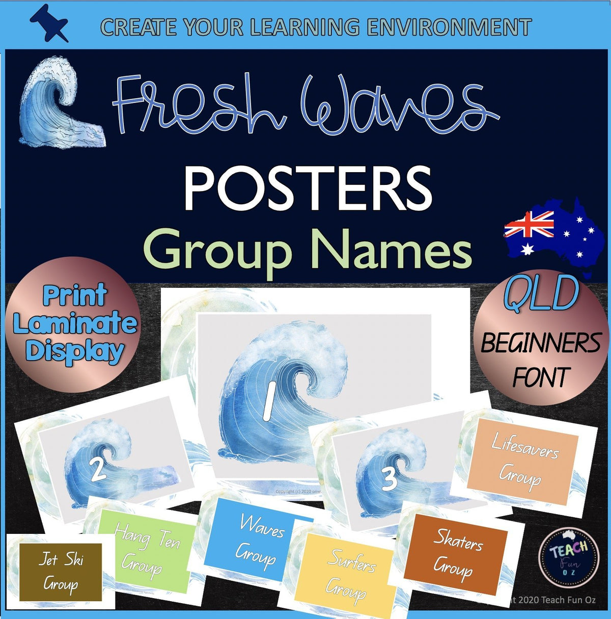 Fresh Waves Beach Theme Group Names Posters QLD Font — Teach Fun Oz