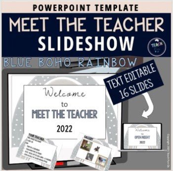 Meet the Teacher Template Editable Slideshow | BLUE BOHO RAINBOW ...