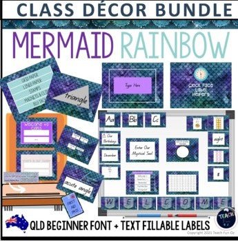 Mermaid Classroom Decor- Mermaid Rainbow Theme 375 Page Bundle Queensl ...