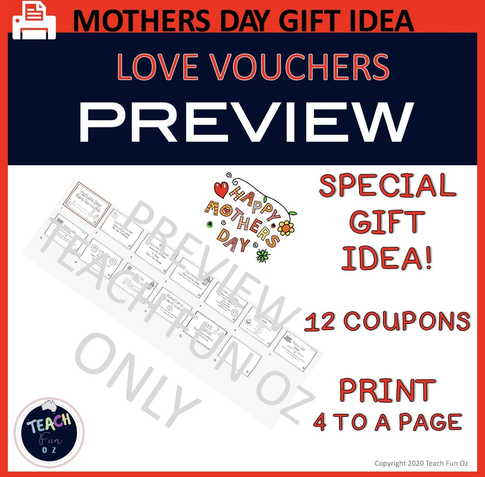 Mothers Day Love Gift Vouchers Coupons Present for Mum Mom Nan Printab ...