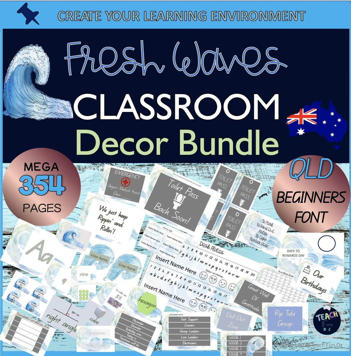 Qld Font Fresh Waves Theme Classroom Decor Bundle 354 Pages Labels Pos ...