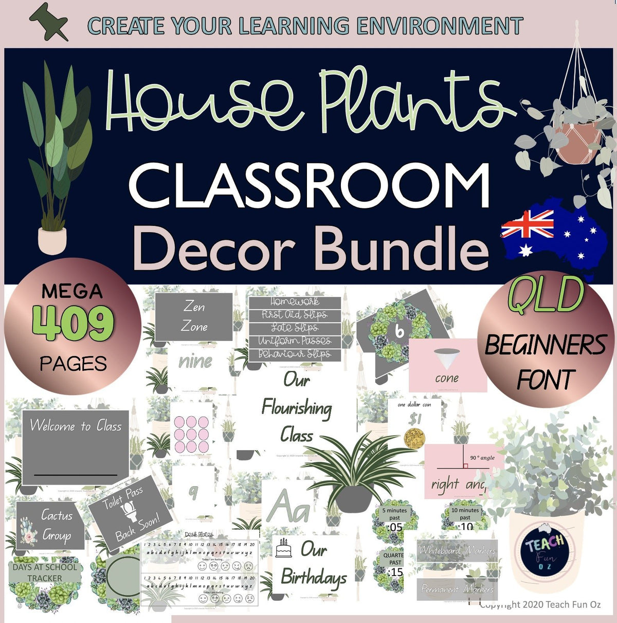 QLD Font House Plants Theme Classroom Decor Bundle All Ages Indoor Pla ...
