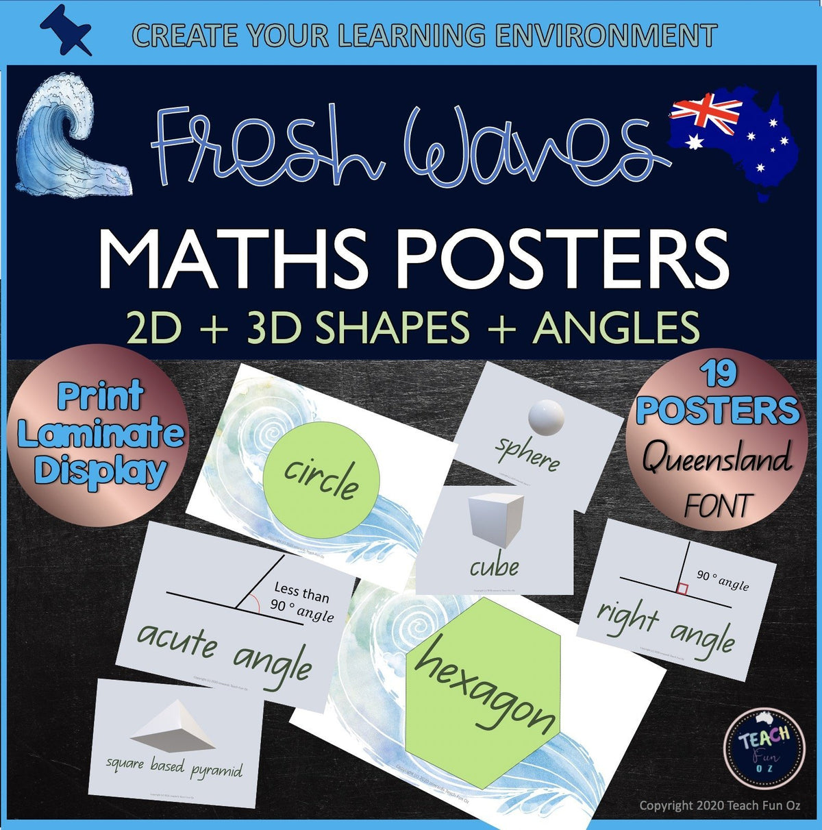 QLD Font Maths Posters 2D 3D Shapes Angles Fresh Waves Beach Classroom ...