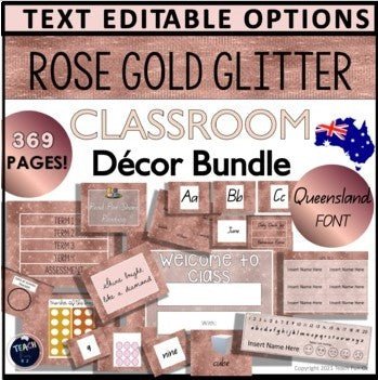 Rose Gold Glitter Theme Classroom Decor 369 Pages MEGA Pack QLD Font ...